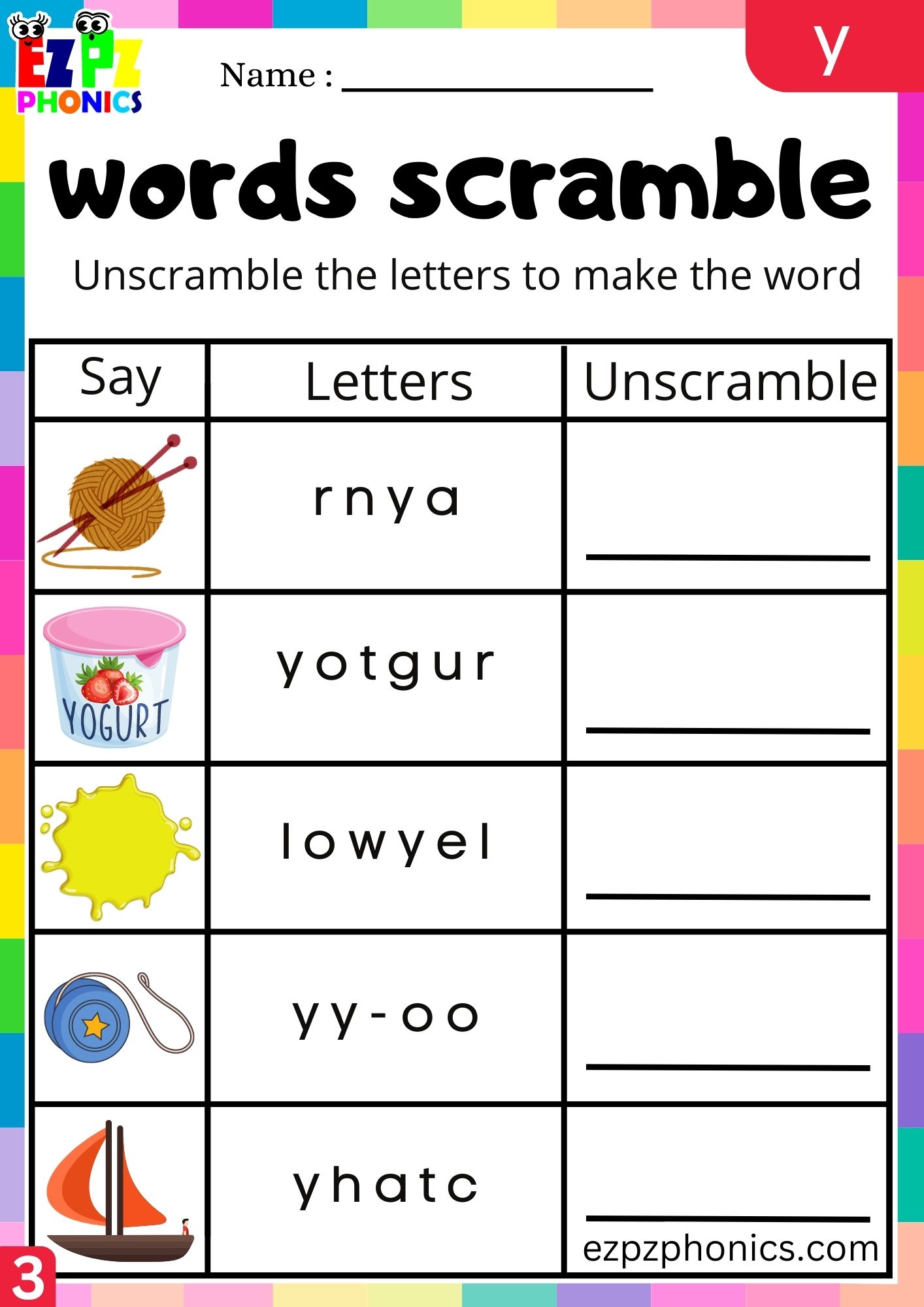 Letter y Word Scramble Write the Words Phonics Activity Group 3 - ezpzphonics.com